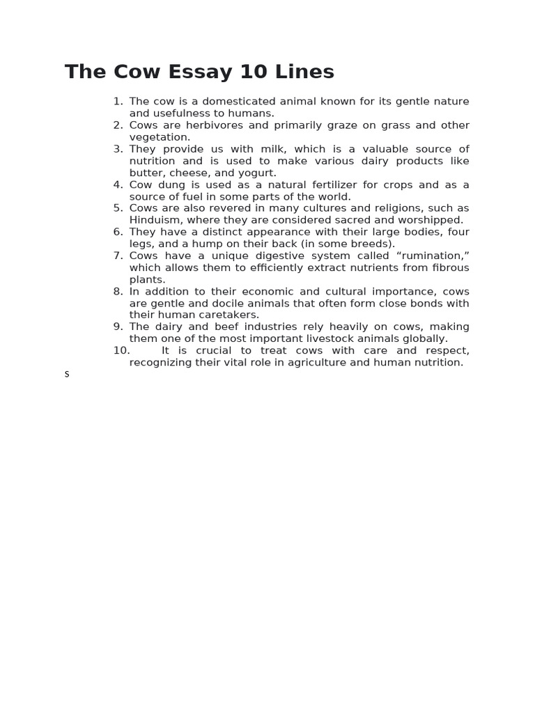 The Cow Essay 10 Lines | PDF
