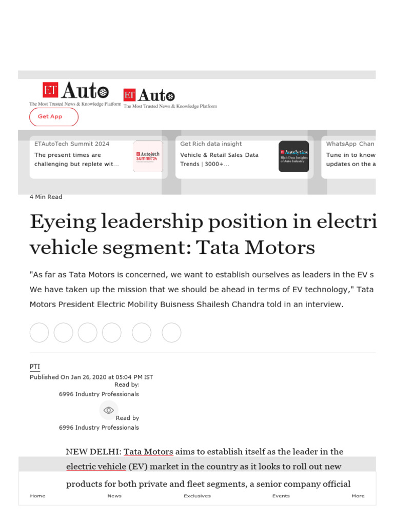 Eyeing Leadership Position in Electric Vehicle Segment - Tata Motors ...