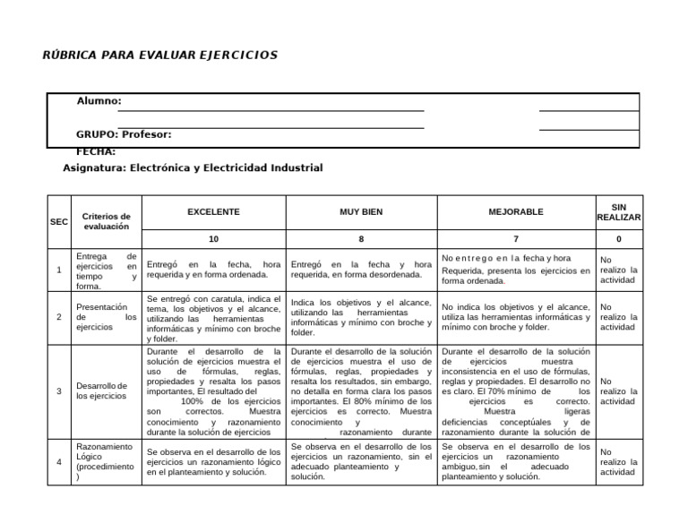 Rúbrica Para Evaluar Ejercicios | PDF