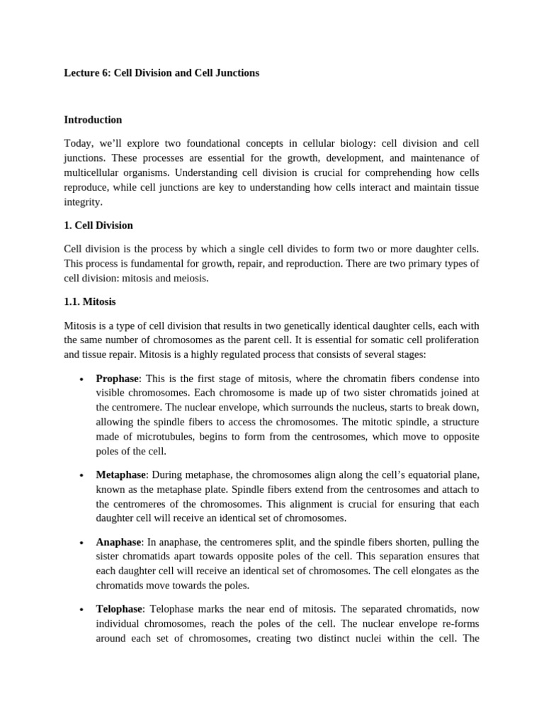 Lecture 6 Cell Division And Cell Junctions Pdf