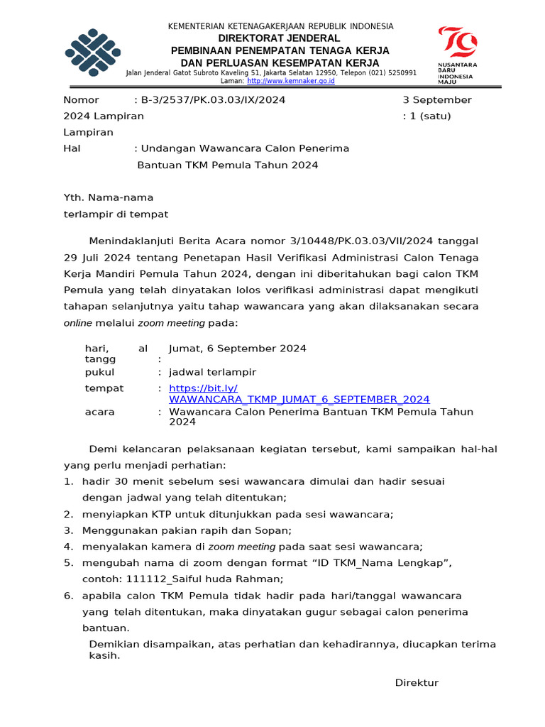 Undangan Wawancara TKM Pemula 2024 Jumat 6 September 2024 Wterhz | PDF
