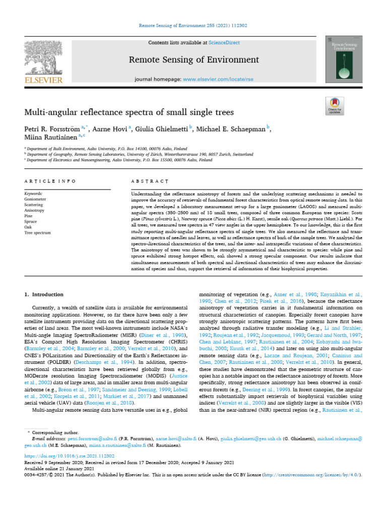 Multi-Angular Reflectance Spectra of Small Single Trees | PDF | Field ...