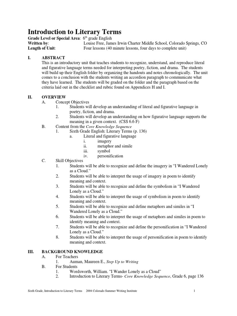 Introduction To Literary Terms: Grade Level or Special Area: 6 Written ...
