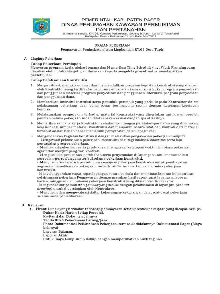 Uraian Pekerjaan Pengawasan Peningkatan Jalan Lingkungan RT.04 Desa Tapis | PDF