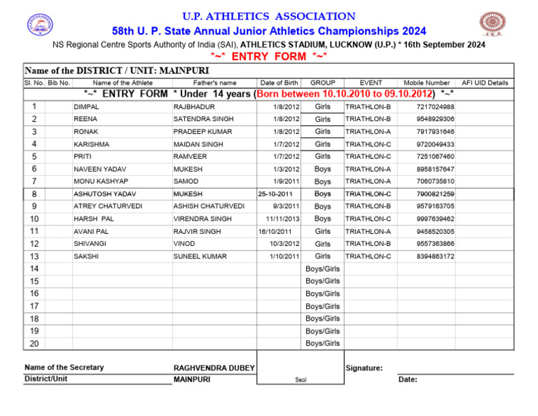 58th U. P. State Annual Junior Athletics Championships 2024: Entry Form | PDF