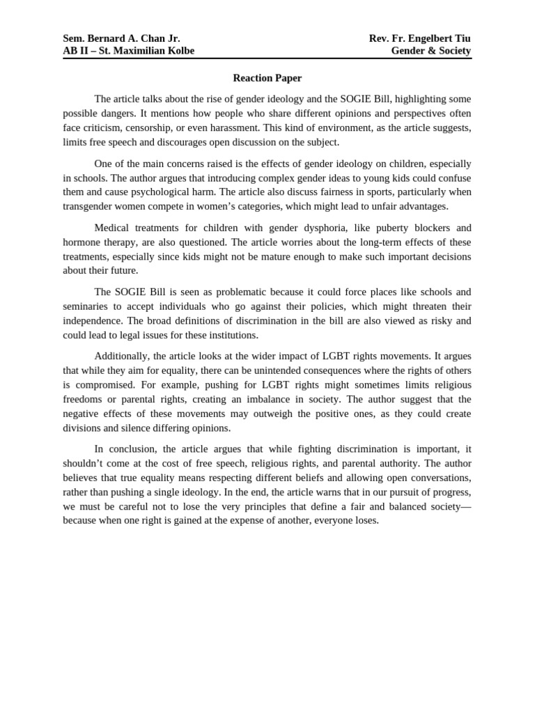 Reaction Paper On Gender Ideology | PDF