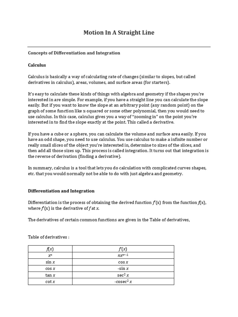 Motion in A Straight Line: Concepts of Differentiation and Integration ...