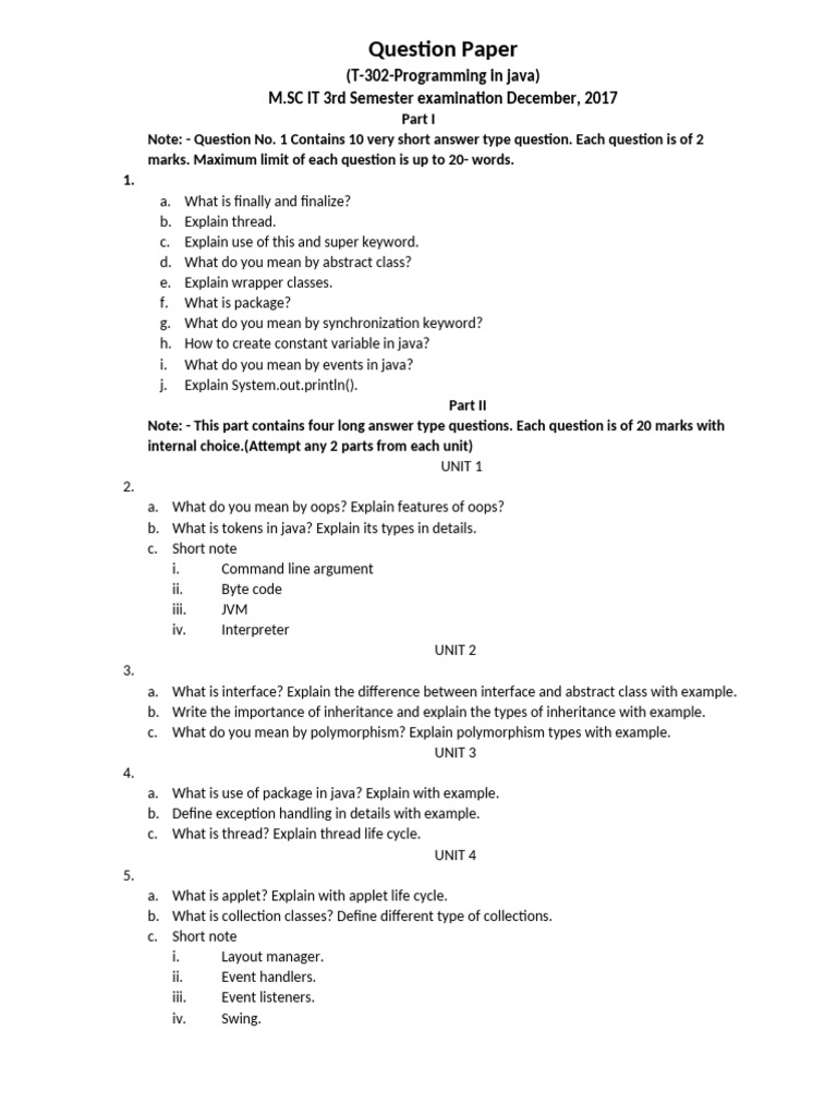 M.SC IT 3 Sem Programming in Java Question Paper | PDF