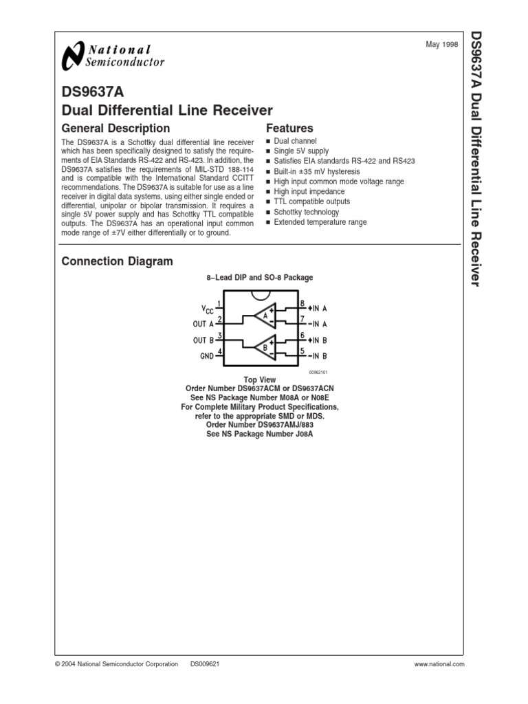 DS9637A Dual Differential Line Receiver: General Description Features | PDF