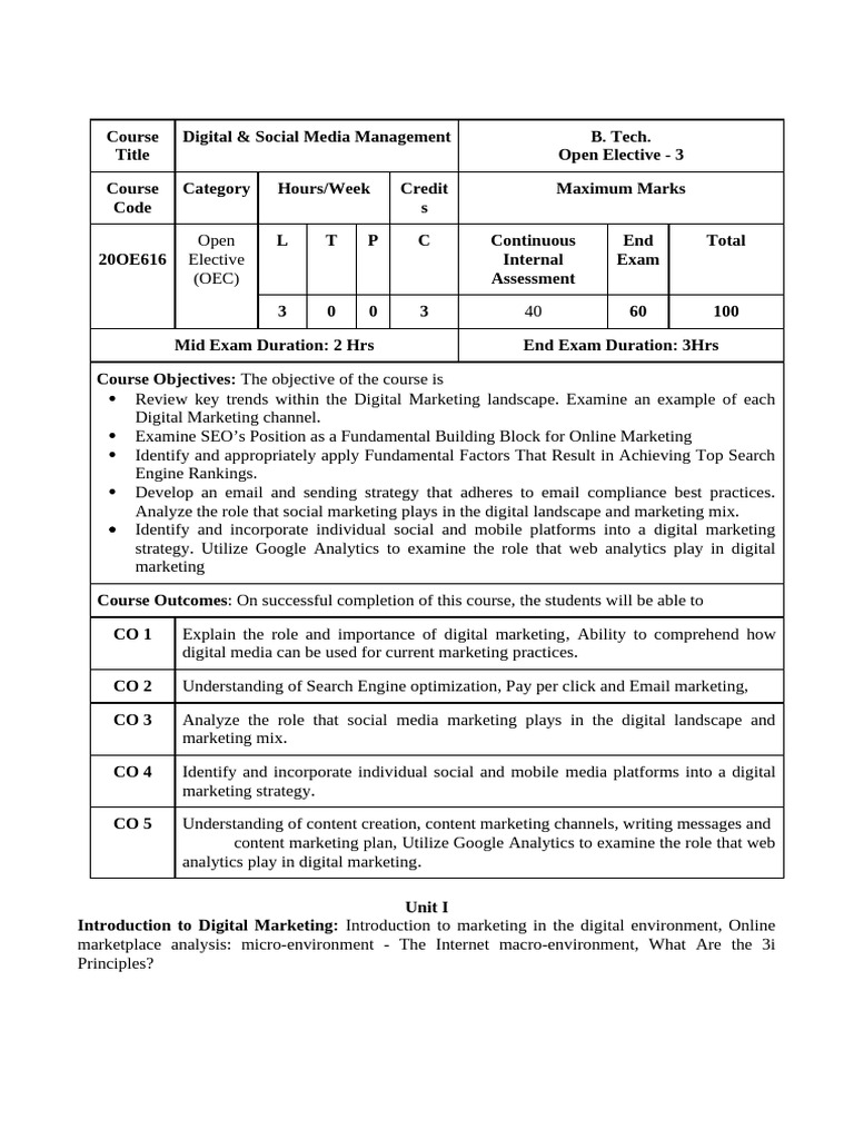 Digital and Social Media Managment (Open Elective) Syllabus (R20) | PDF