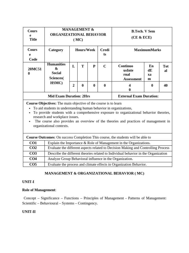 V Sem (Mandatory Course) Management _ Organizational Behaviour | PDF
