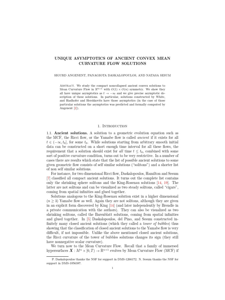 Unique Asymptotics of Ancient Convex Mean Curvature Flow Solutions | PDF
