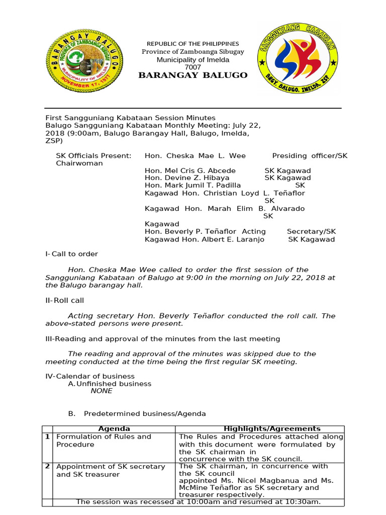 Sangguniang Kabataan Minutes Sample - Compress | PDF Sangguniang Kabataan Minutes Sample - Compress | PDF