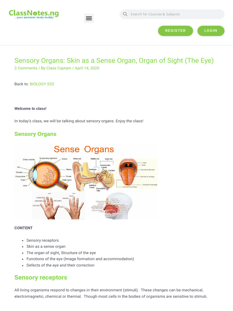 SensoryOrgansSkinasaSenseOrgan, OrganofSight (TheEye) - ClassNotes - NG ...