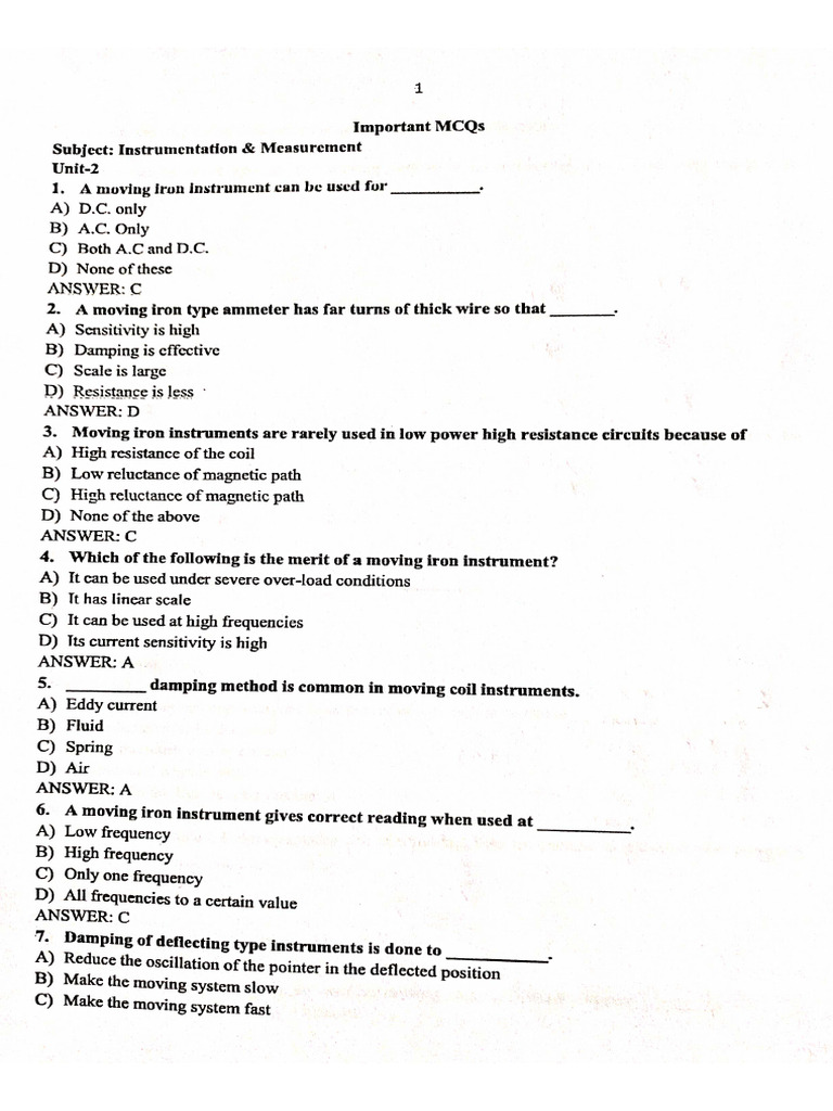 UNIT-2 MCQ- Instrumentations & Measurements | PDF