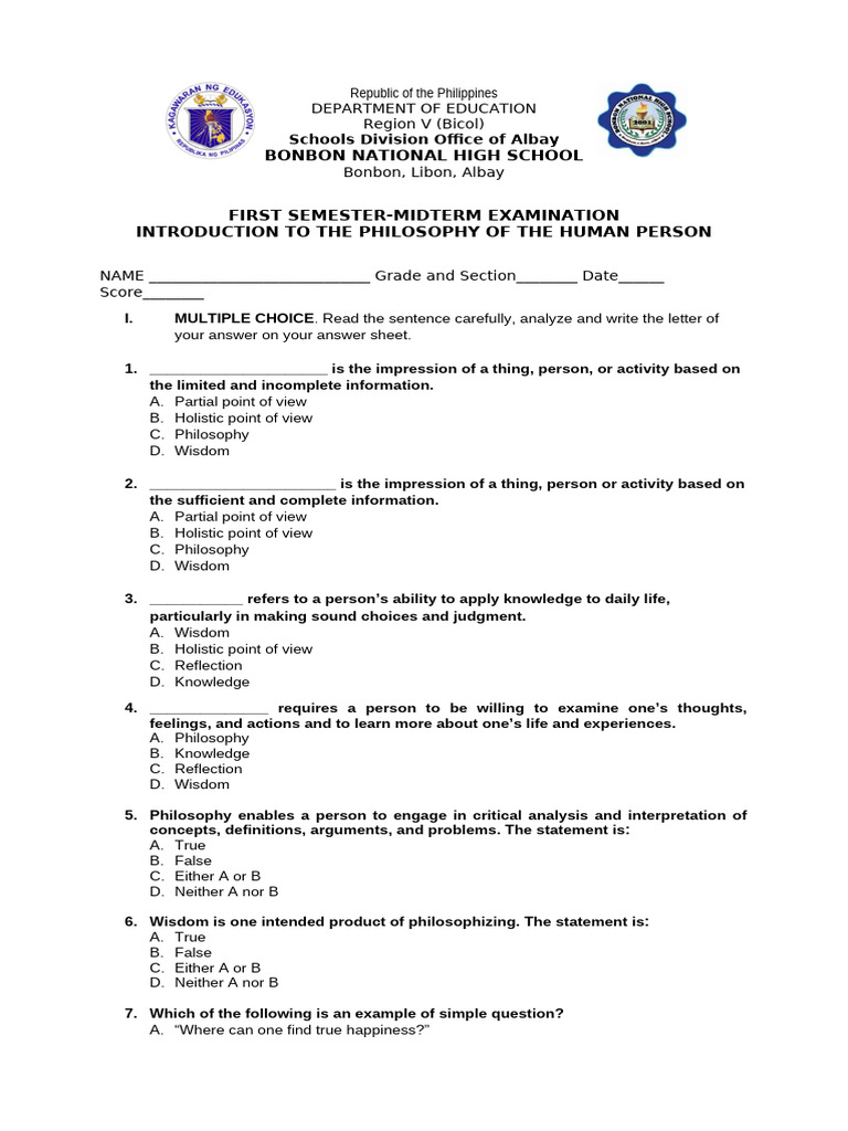Philosophy of Human Person-Midterm Exam | PDF