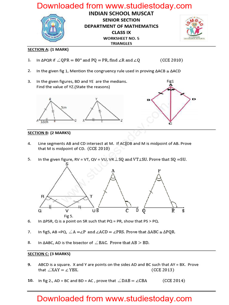 CBSE Class 9 Mathematics Triangles Worksheets Set A | PDF