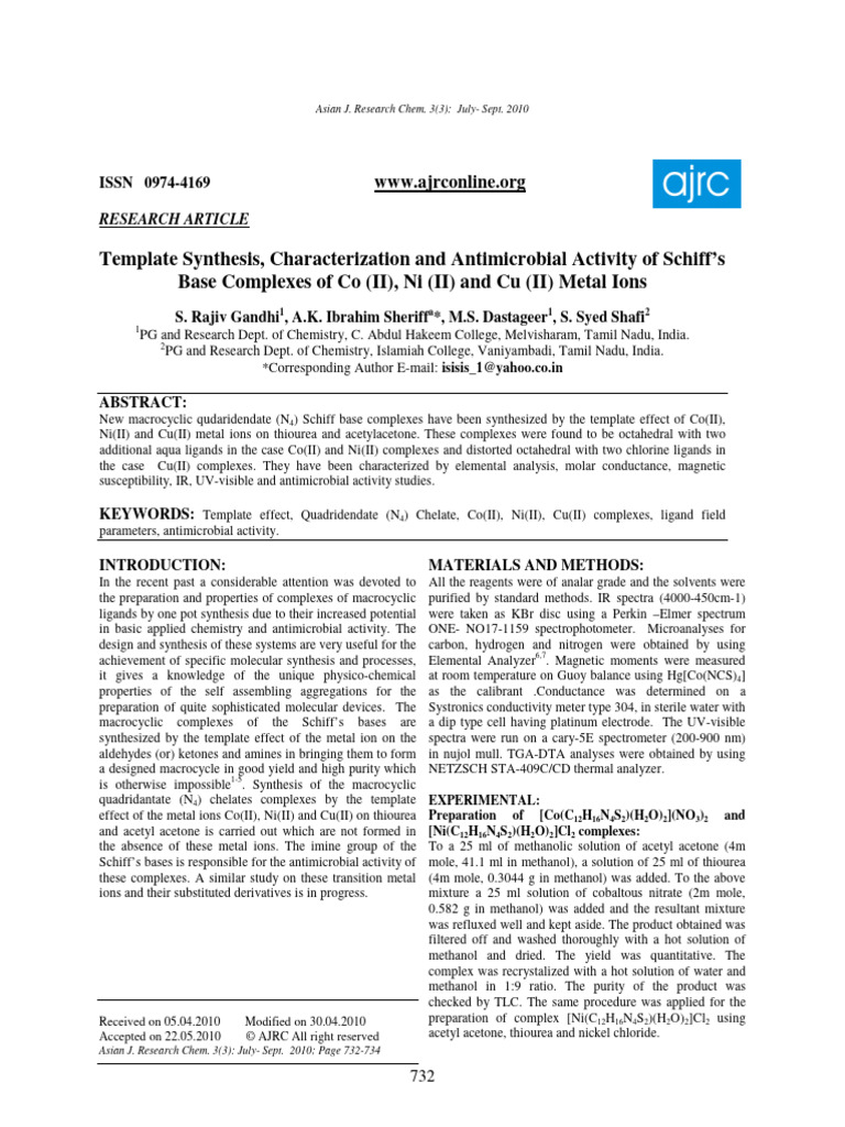 TEMPLETE METHOD FOR SYNTHESIS OF NOVEL SCHIFF BASE METAL COMPLEXES OF Co (II), Ni (II) and Cu ...