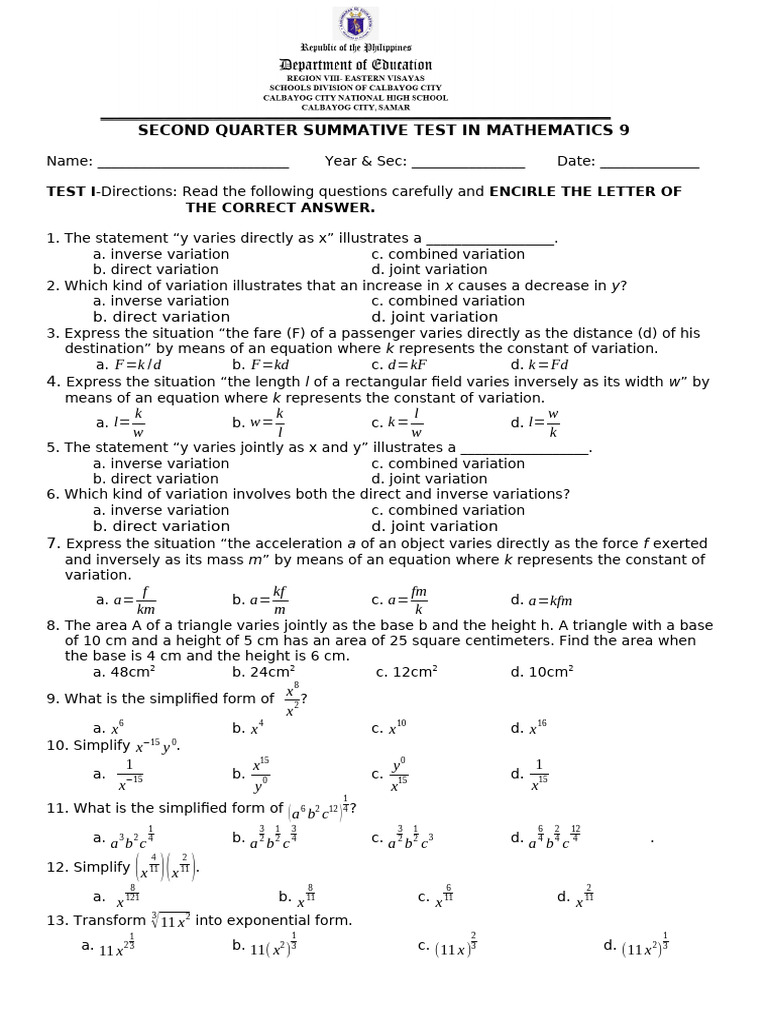 Math 9 Summative Test 2nd Quarter | PDF | Mathematics | Physics