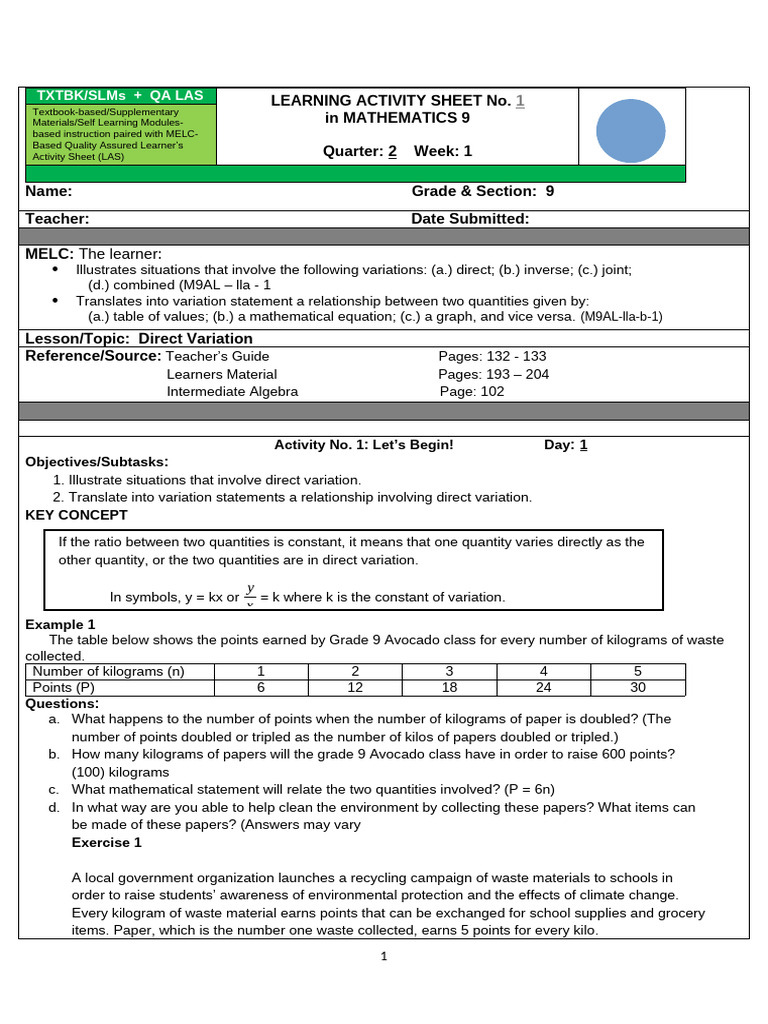 1 - LAS M9 - MELC 1-3 - Q2 - WEEK 1 - A4 | PDF | Speed | Equations