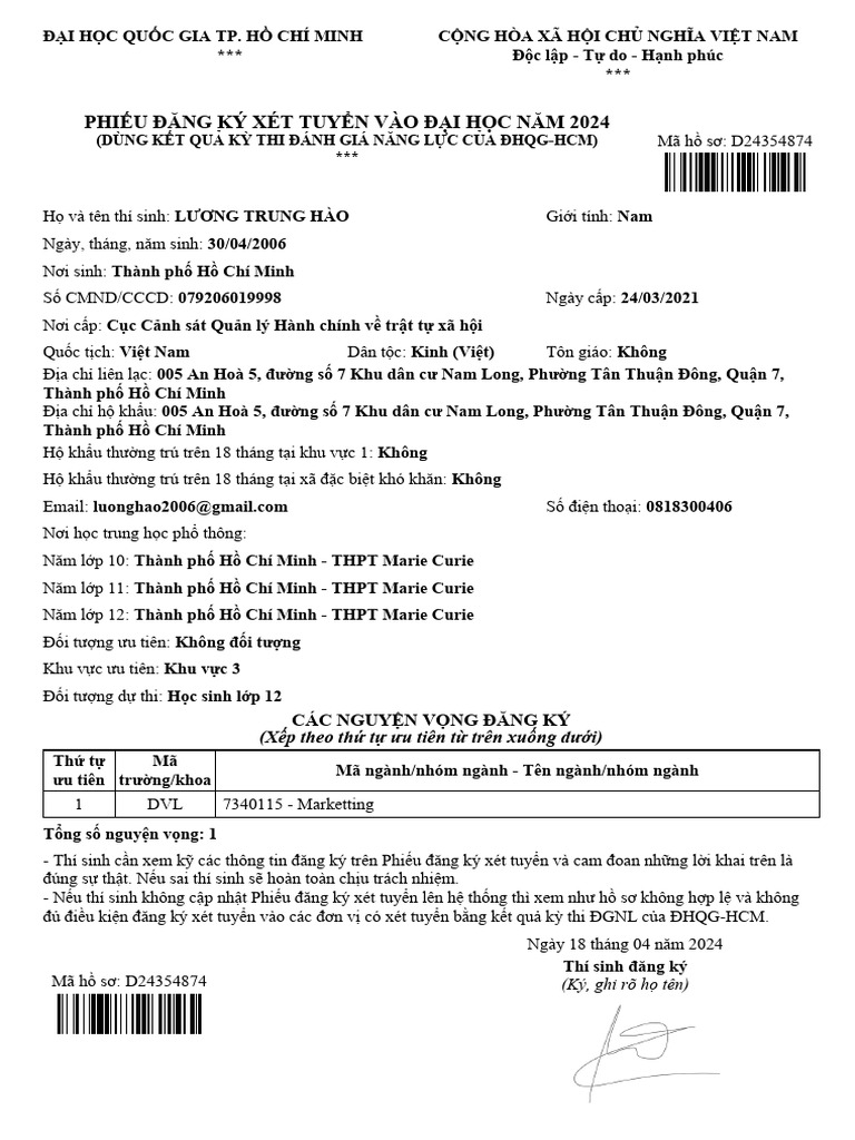 Phieu Dang Ky Xet Tuyen | PDF