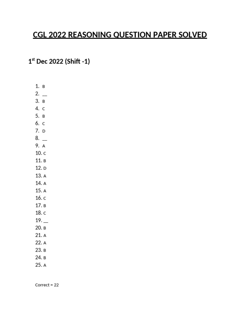 CGL 2022 Reasoning Question Paper Solved | PDF