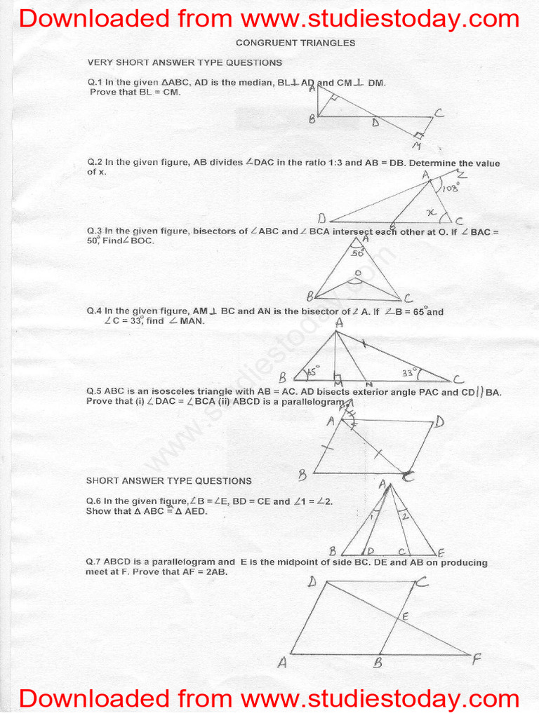 CBSE Class 9 Mathematics Triangles Worksheets Set D | PDF
