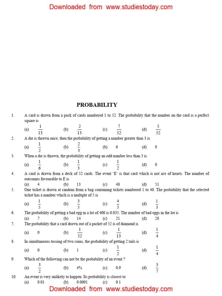 CBSE Class 10 Mathematics Probability Worksheet Set D | PDF