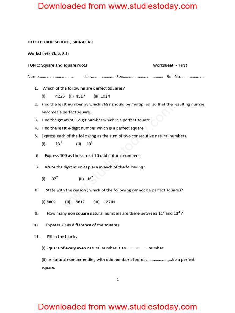CBSE Class 8 Mathematics Squares and Square Roots Worksheet Set B | PDF
