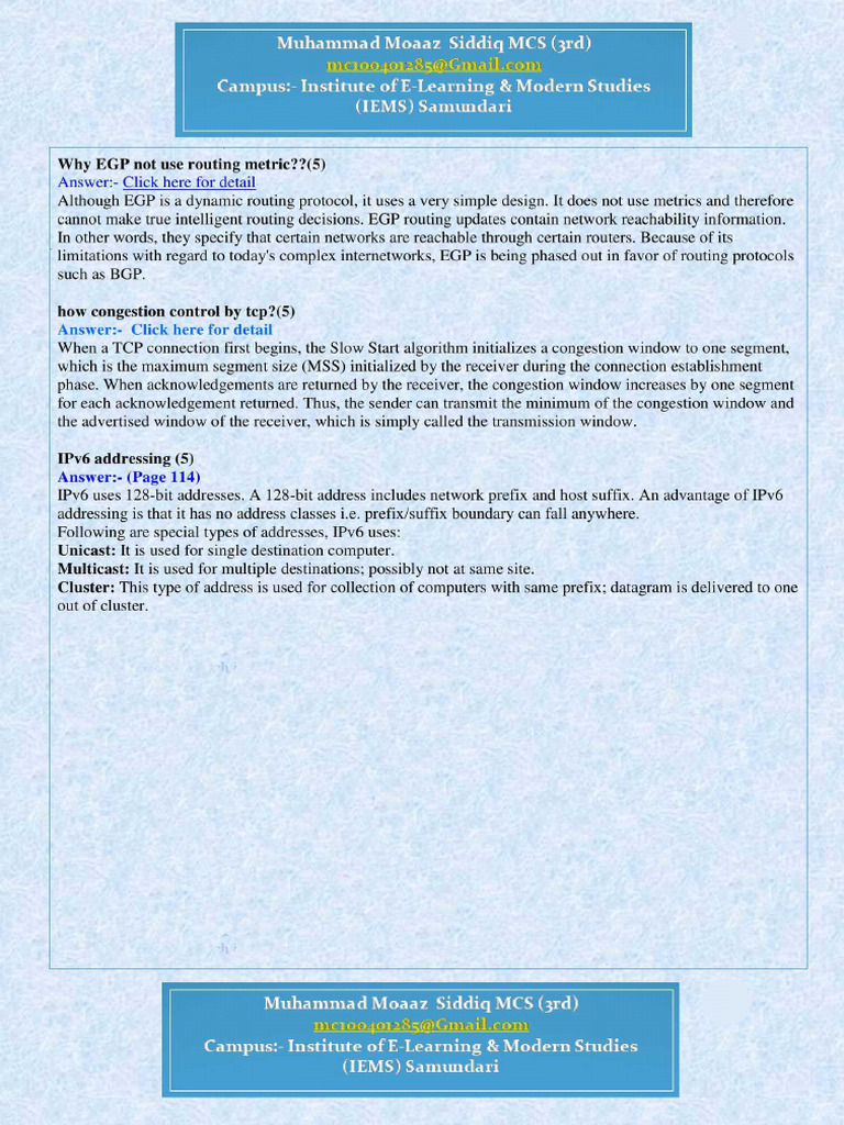 Virtual University CS610 Computer Network Final Term 2011 Subjective Solved Past Papers by Moaaz ...