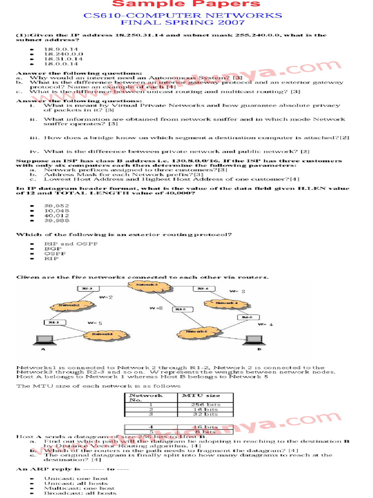 CS610 Computer Network BSC Computer Science VU University Past Papers 2007 Final Term Spring | PDF