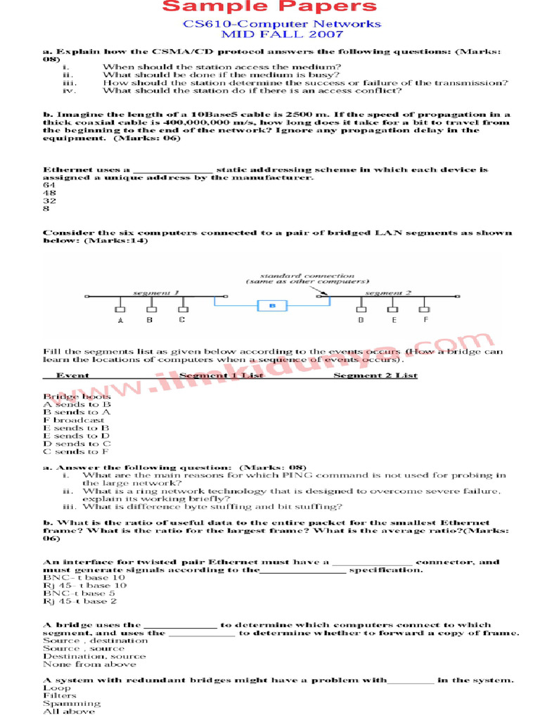 CS610 Computer Network BSC Computer Science VU University Past Papers 2007 Mid Term Fall | PDF