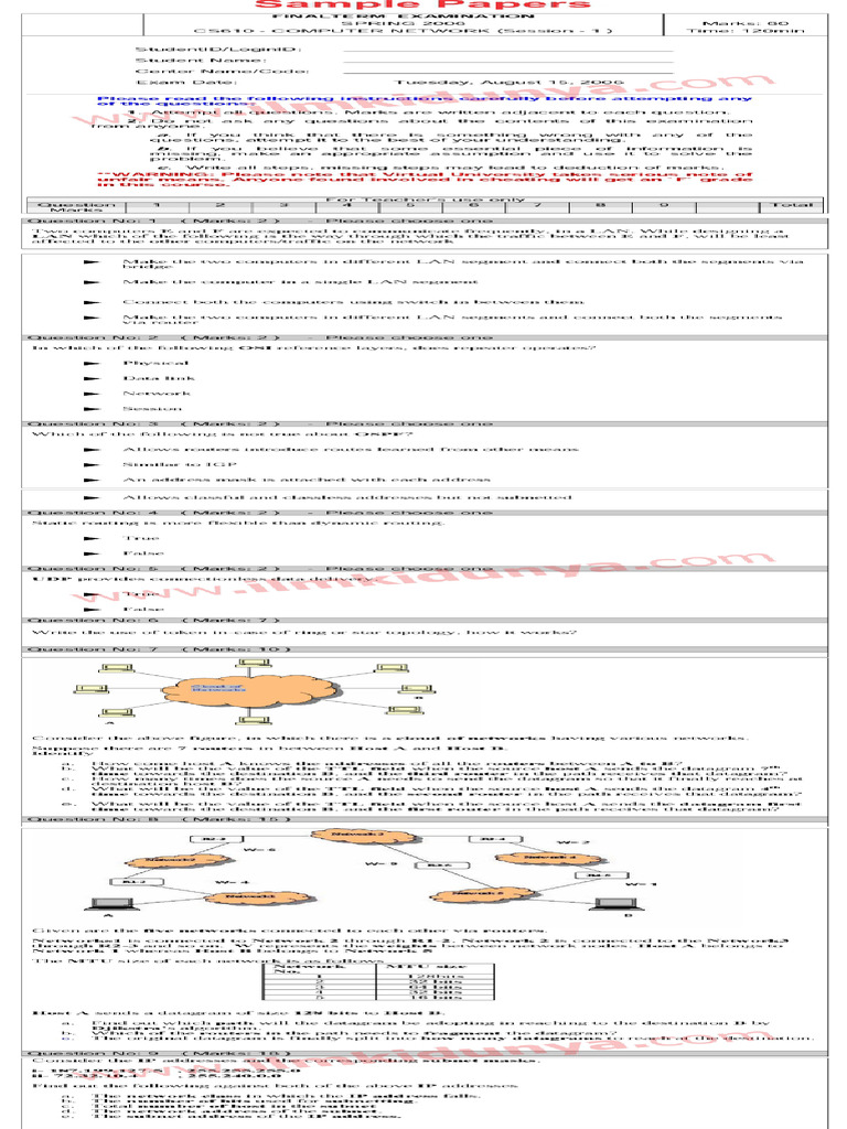 CS610 Computer Network BSC Computer Science VU University Past Papers 2006 Final Term Spring | PDF