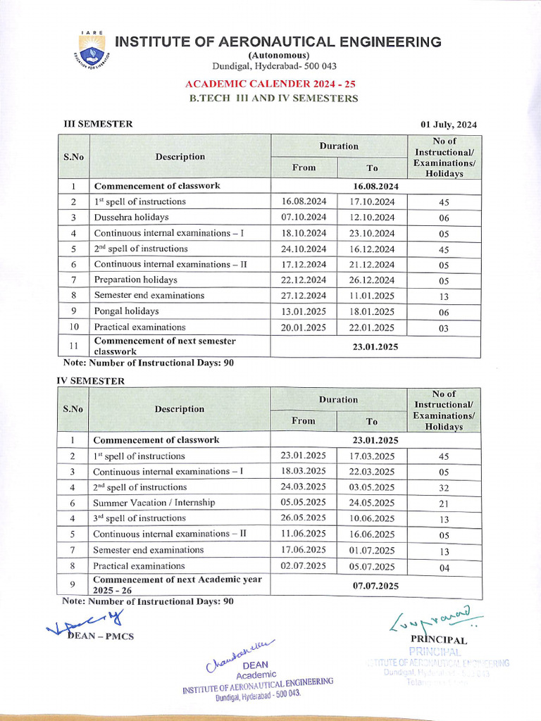 B.tech Iii and Iv Semester Academic Calendar 2024-25 | PDF