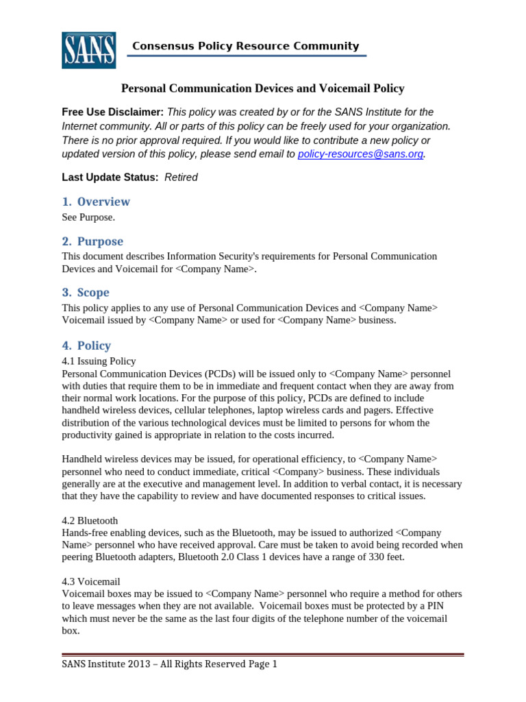 Personal Communication Devices and Voicemail Policy | PDF