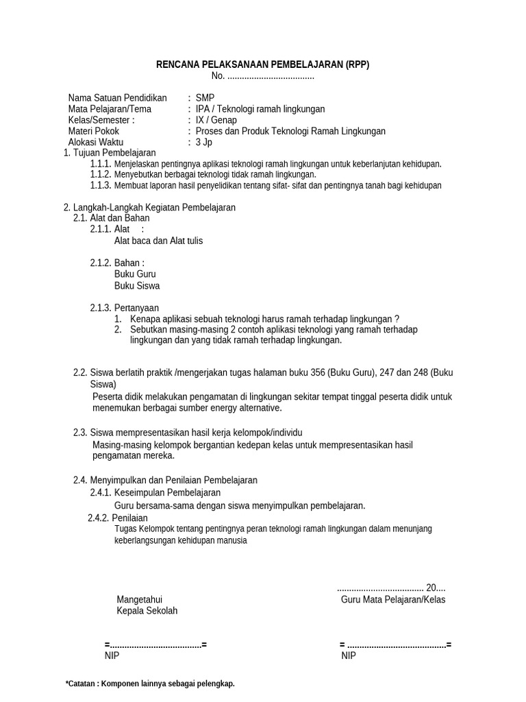Format RPP Sesuai Surat Edaran Mendikbud No 14 Tahun 2019 | PDF