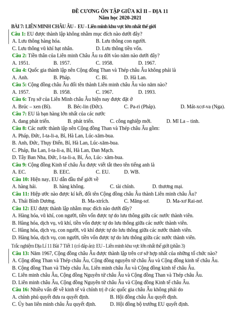 De Cuong On Tap Giua Ki II - Dia 11 | PDF