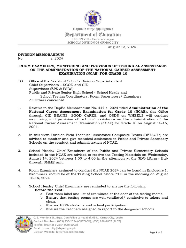 Memo On Ncae Monitoring Room Examiners | PDF