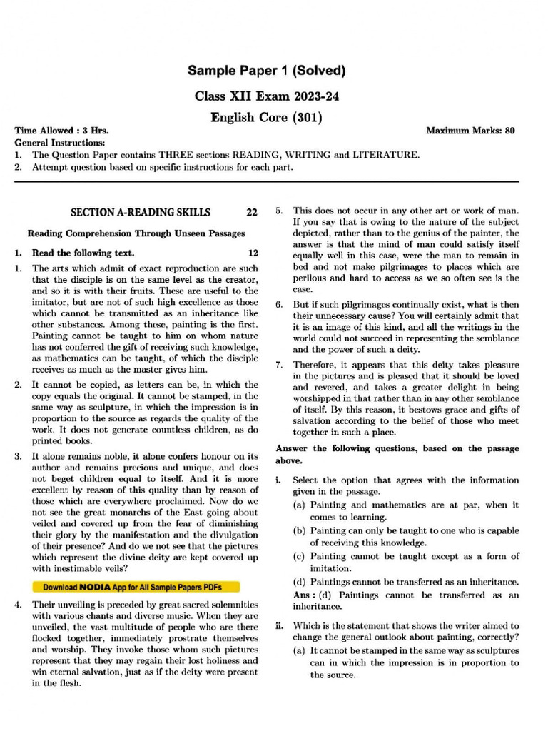 English Sample Paper 1 | PDF