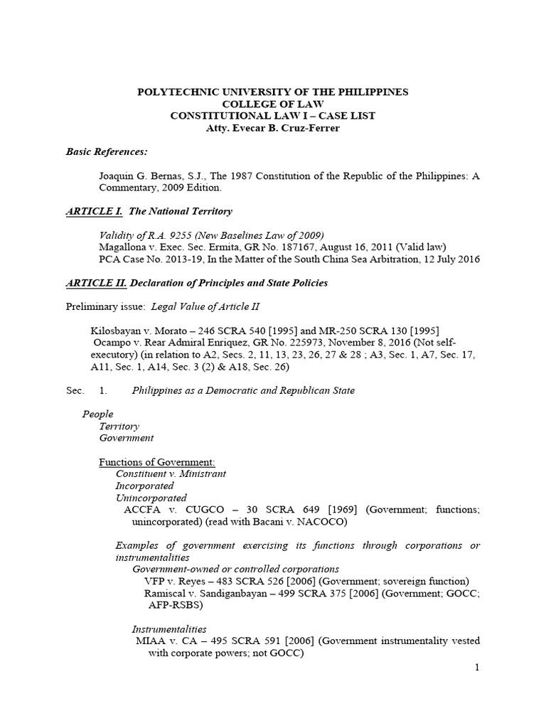 PUP Constitutional Law 1 Case List SY 2024 2025 | PDF