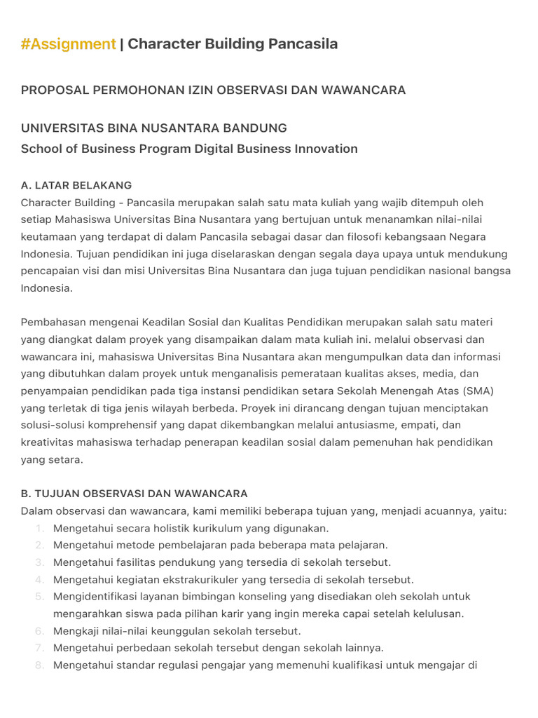 (Sketsa) Proposal Permohohan Izin Wawancara Character Building Pancasila | PDF