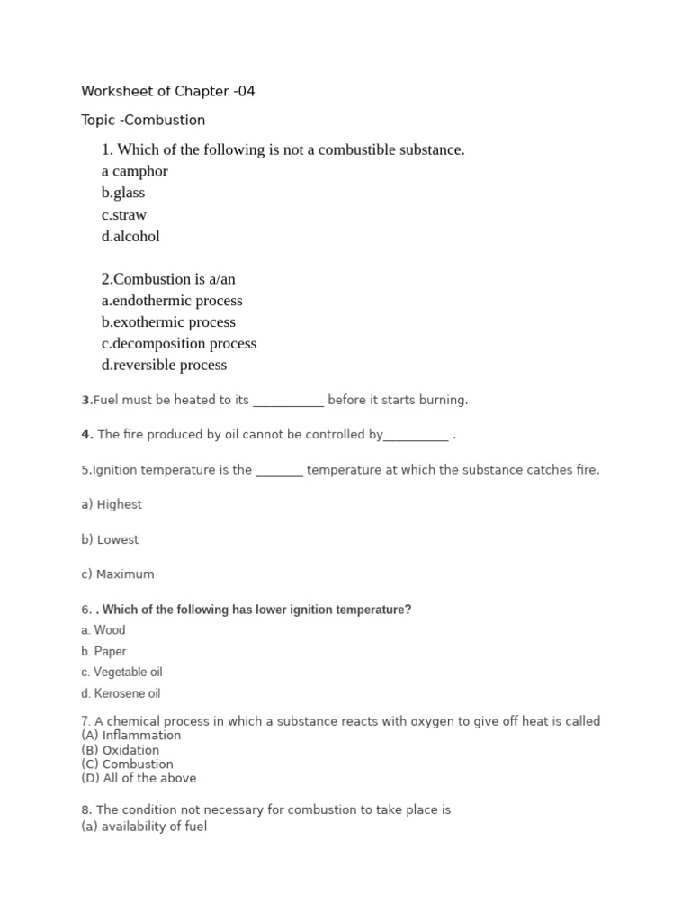 Chemistry Worksheet Topic - Combustion | PDF