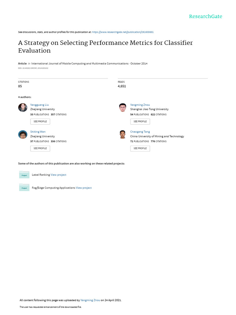A Strategy On Selecting Performance Metrics For Classifier Evaluation | PDF