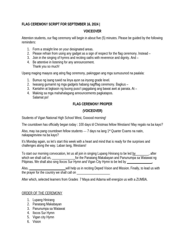 Flag Ceremony Script For September 16 | PDF