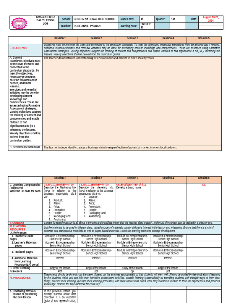 Grade 11 Entrepreneurship Lesson Plan | PDF | Learning | Curriculum