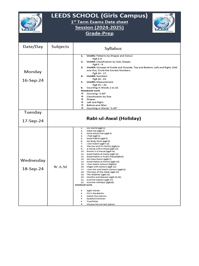 1st Term Exams Syllabus + Datesheet Prep | PDF