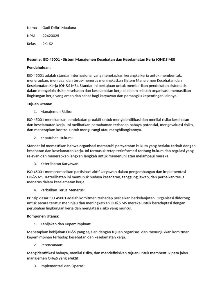 Resume ISO 45001 - Sistem Manajemen Kesehatan Dan Keselamatan Kerja (OH&S MS) | PDF