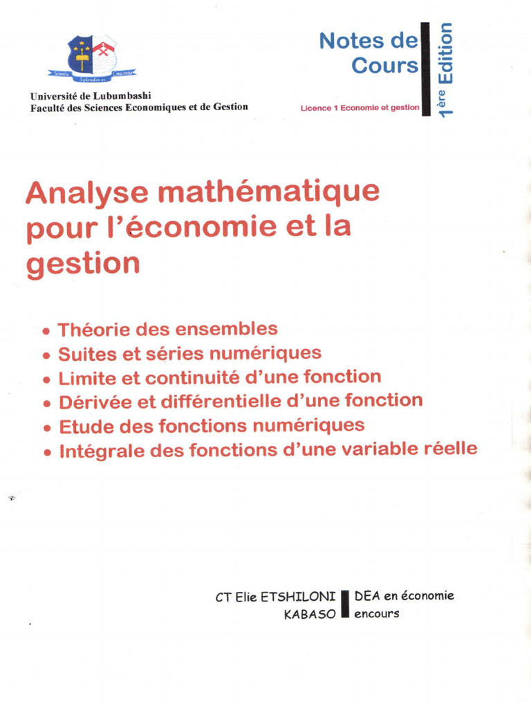 Cours D'analyse Math Licence 1 Economie Unilu 2024 - 041236 | PDF