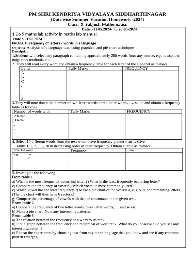Class X Maths Holiday Homework (Summer Vaccation) 2024 | PDF