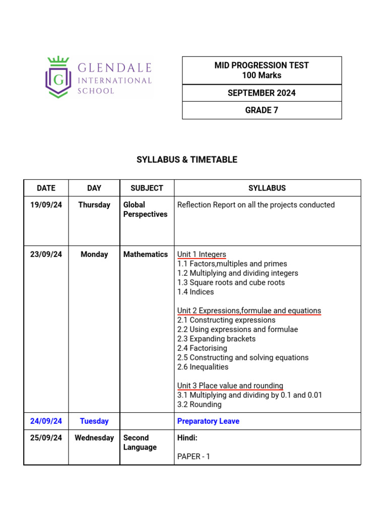 GIC MPT Timetable&Syllabus Grade7 2024-25 | PDF